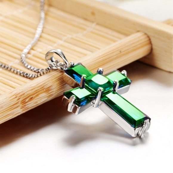 Jewelry | Green Crystal Cross Pendant Necklace | Poshmark